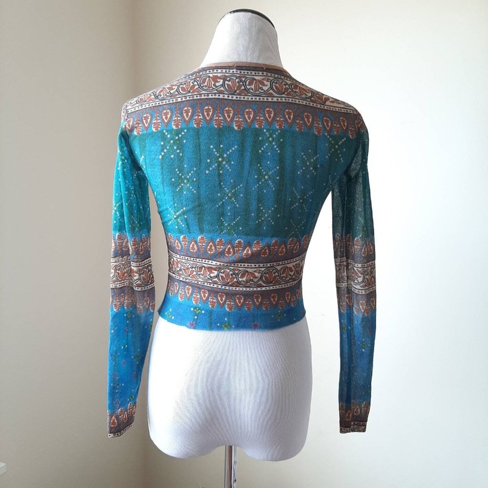 90s Y2k Sheer Second Skin Hippy Boho Printed Long Sle… - Gem